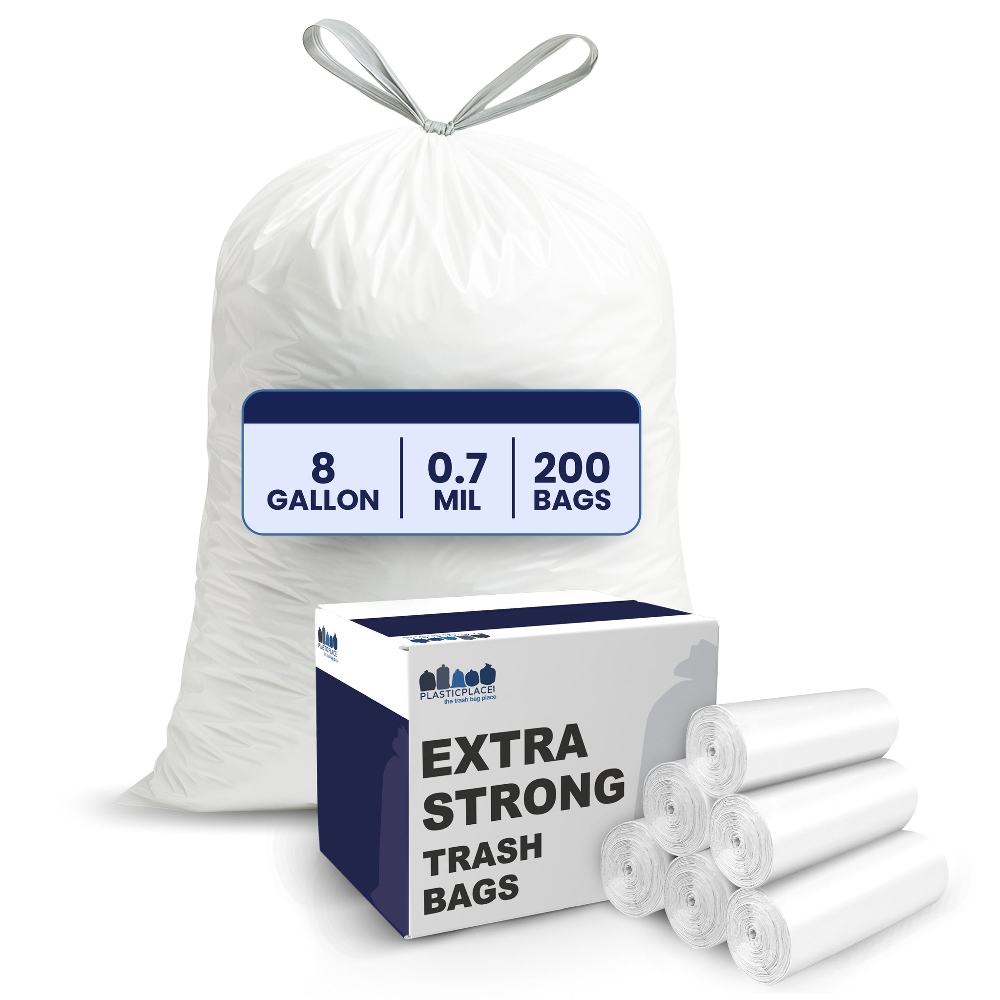 8 Gallon Drawstring Trash Bags | D08072WH |Plasticplace – Plasticplace ...